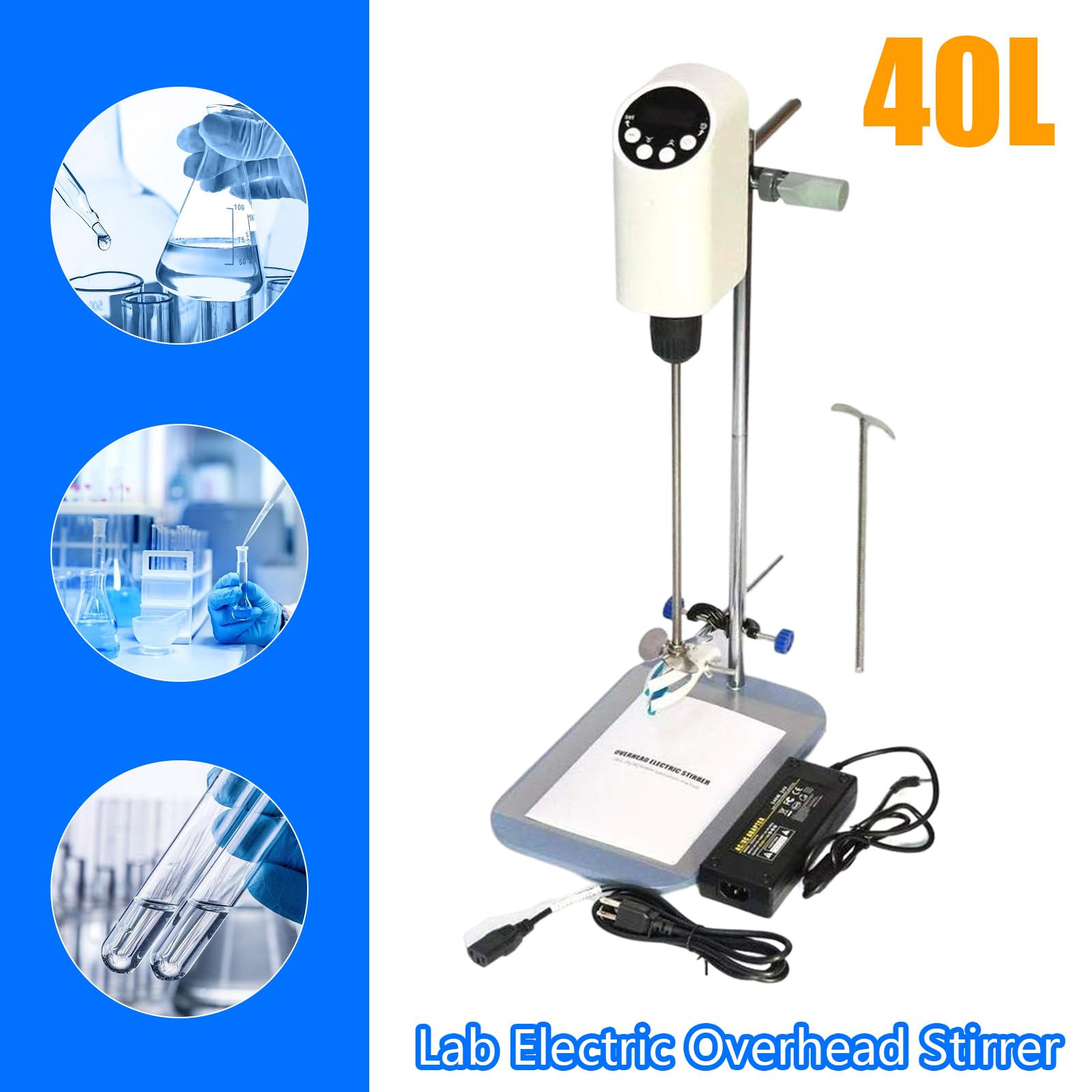 130W Lab Stirrers 40L Overhead Stirrer Lab Mixer Stirrer 100-2000Rpm Lab Electric Overhead Stirrer Mixer Agitator Homogenizer + Digital Display