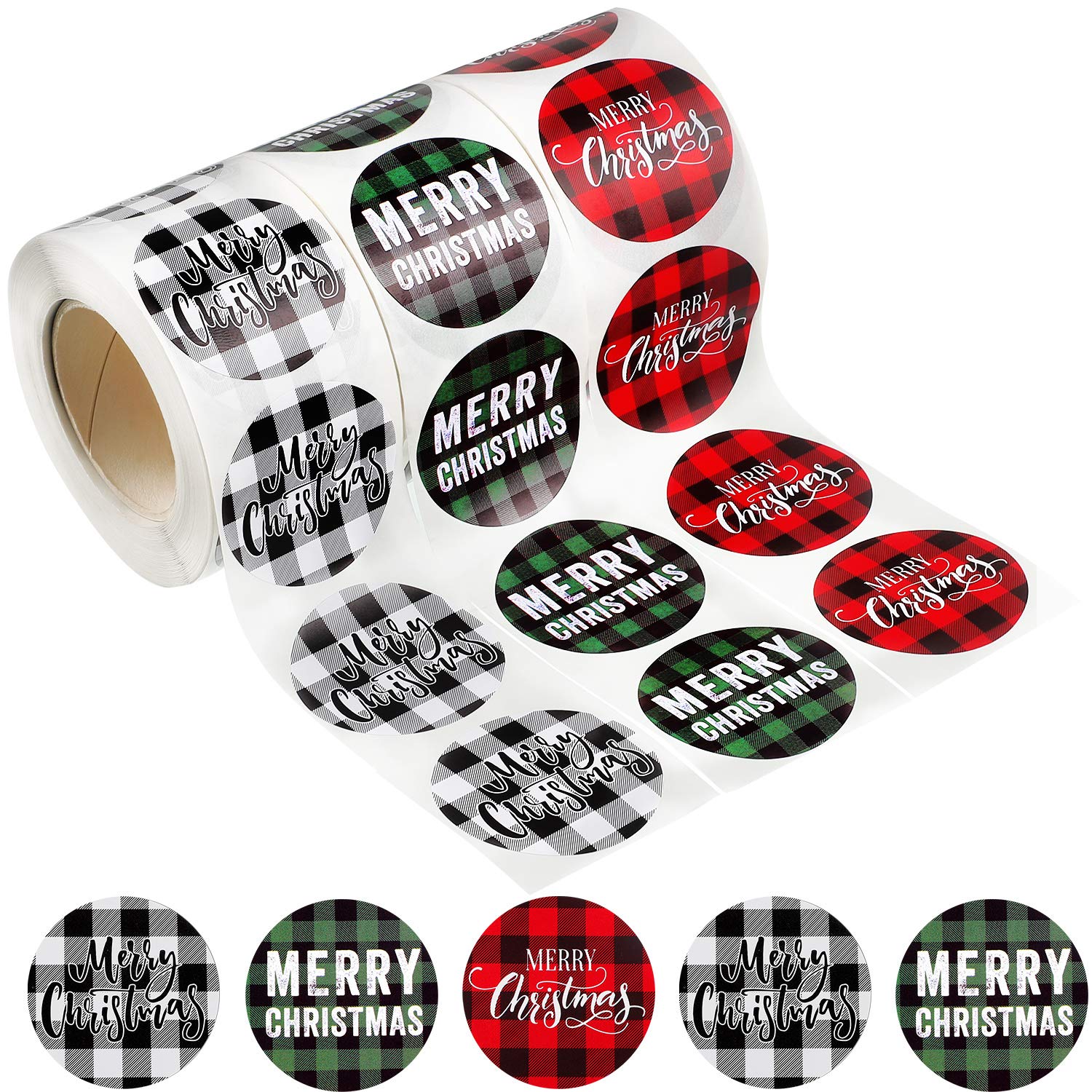 1200 Pieces Buffalo Check Plaid Christmas Stickers Round Xmas Elements Label Stickers Decals for Seals Cards Supplies