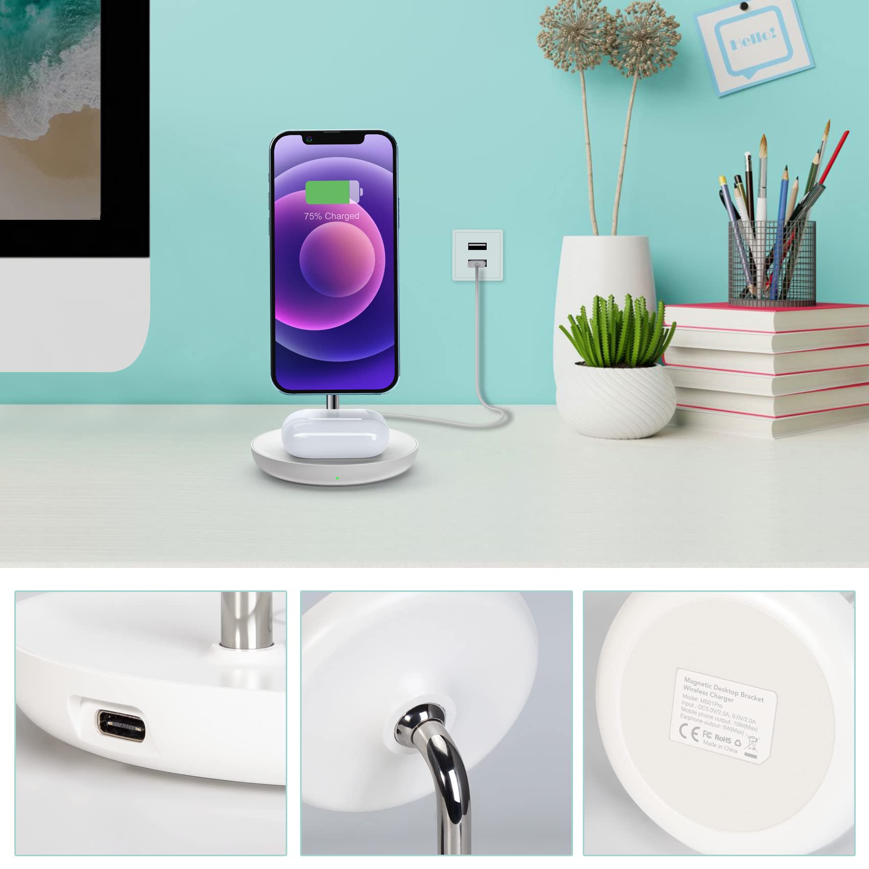 Mag-Safe Wireless Charging Station : 2 in 1 Wireless Charging Stand for iPhone 12/13/14 Series-10w Charging Stand Compatible with Airpods/iPhone 14/12/13 Pro Max Mini(White)