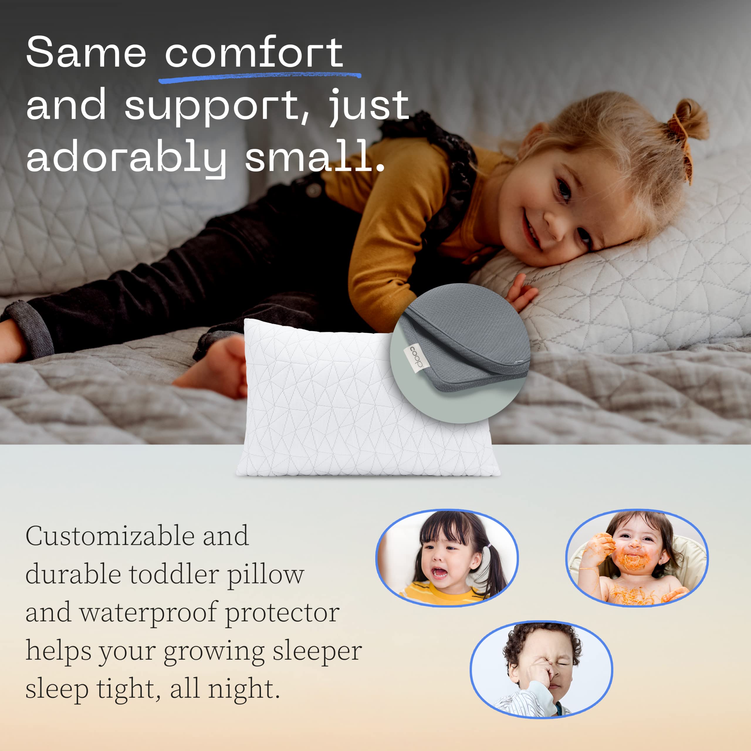 Coop Home Goods - Toddler Pillow (14x19) and Grey Pillow Protector - Premium Cross-Cut Memory Foam - Soft Lulltra Washable Cover from Rayon - CertiPUR-US/GREENGUARD Gold Certified