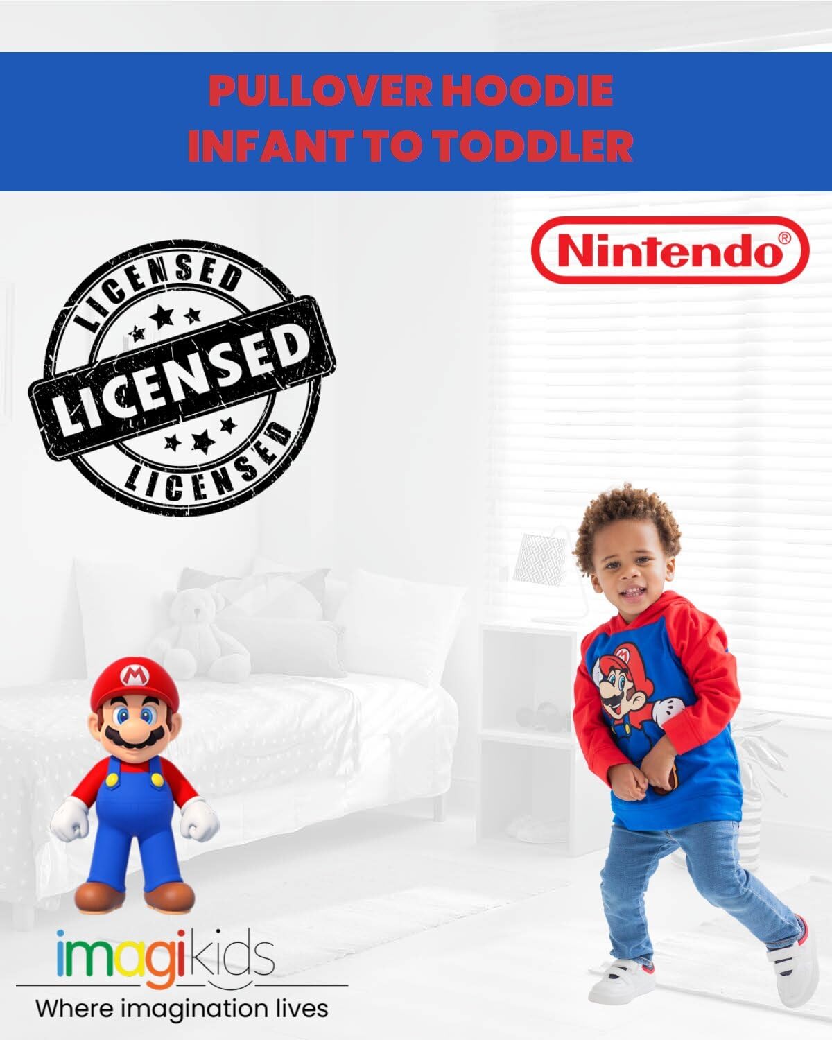 Super Mario Nintendo Infant Baby Boys Fleece Pullover Hoodie Red/Blue 18 Months