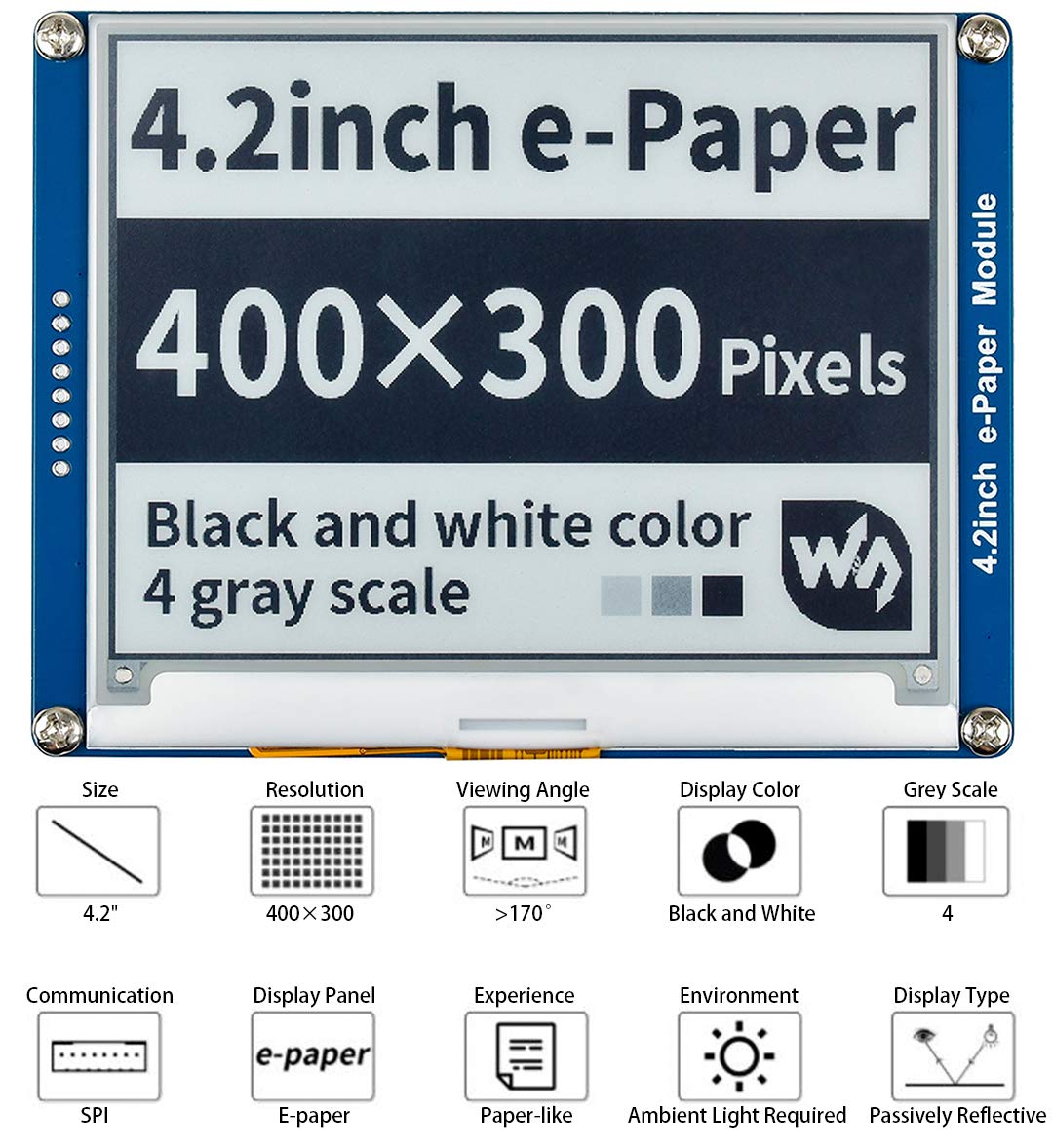 4.2inch E-Ink Display Module 400x300 Pixel Black,White Two-Color 3.3V-5V E-Paper Screen LCD Support Full Refresh SPI Interface for Raspberry/Jetson Nano/Ard/Nucleo