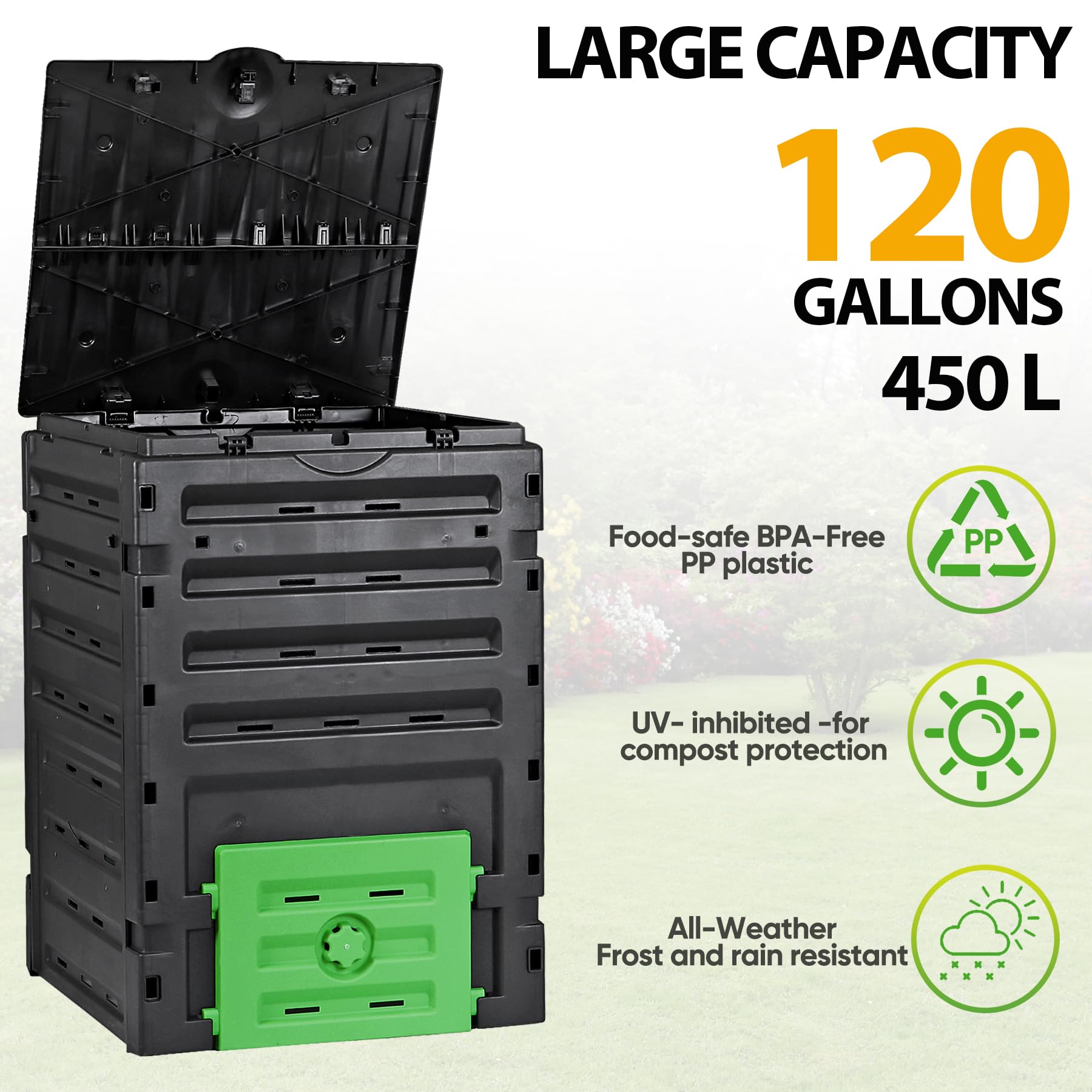 120 Gallon (450L) BPA Free Garden Compost Bin - Easy Assembly, Aerating Outdoor Compost Box for Fast Fertile Soil Creation