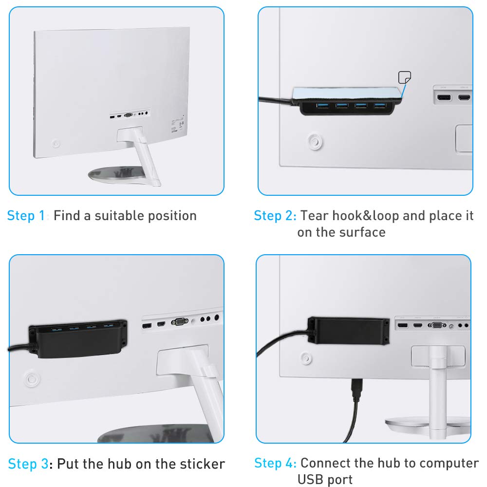 4-Port USB 3.0 Portable Desk Hub,Fixable USB Data Hub 3.0 with 3.3ft/100CM Cable for MacBook, Mac Pro/Mini, iMac, XPS, Surface Pro, Notebook PC, USB Flash Drives, Mobile HDD,Computer and More