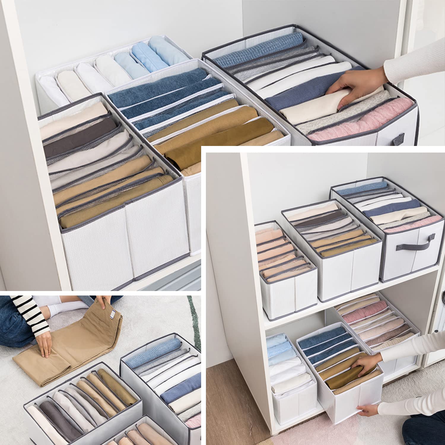 2PCS Wardrobe Clothes Organizer with Support Board Foldable 7 Grids Pants Organizer Washable Drawer Clothes Organizer for Clothes Legging Jeans T-Shirt Scarves