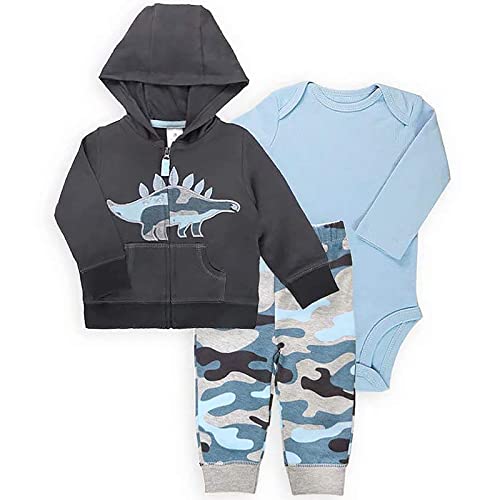 Gorboig 3-6 Month Boy Clothes Hoodie Jacket Long Sleeve Bodysuit Pant Set Dinosaur 3PCS Outfit(camo,6m)