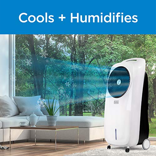 BLACK+DECKER Evaporative Air Cooler - Portable Cooling Fan with LED Display, Remote Control, 2-Gallon Water Tank - Compact and Lightweight Design - 2 Casters and 2 Wheels for Easy Mobility