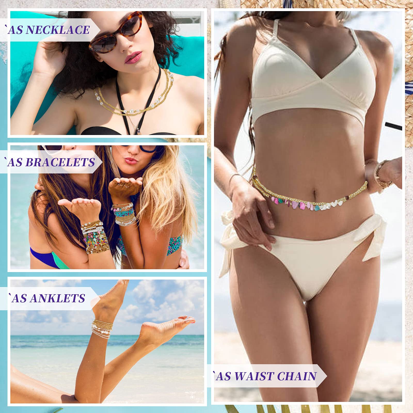 10PCS Waist Beads for Women with crystals,Summer Belly Body Chain African Stretchy Waist Jewellery, Size 31"-37"