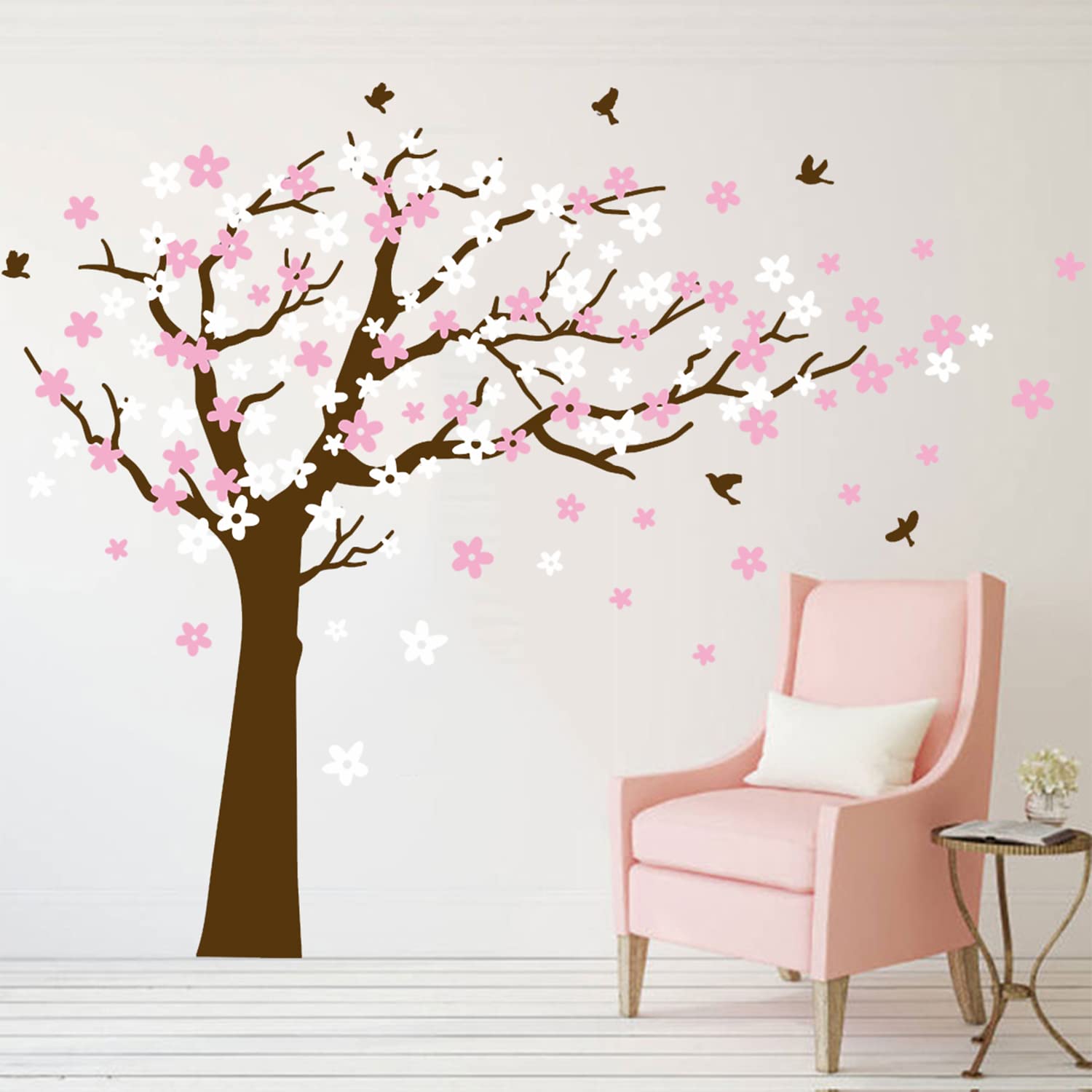 AIYANG Large Cherry Tree Wall Decals White Pink Cherry Blossom Flower Tree Branch Wall Stickers Baby Nursery Bedroom Living Room Decoration (Brown)