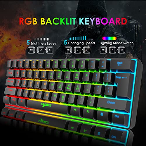 Gaming Keyboard and Mouse Combo,61 Keys Compact RGB Backlit Mechanical Feel Keyboard,RGB Backlit 2400 DPI Lightweight Gaming Mouse with Honeycomb Shell for Windows PC Gamers (4 in1/black Set)