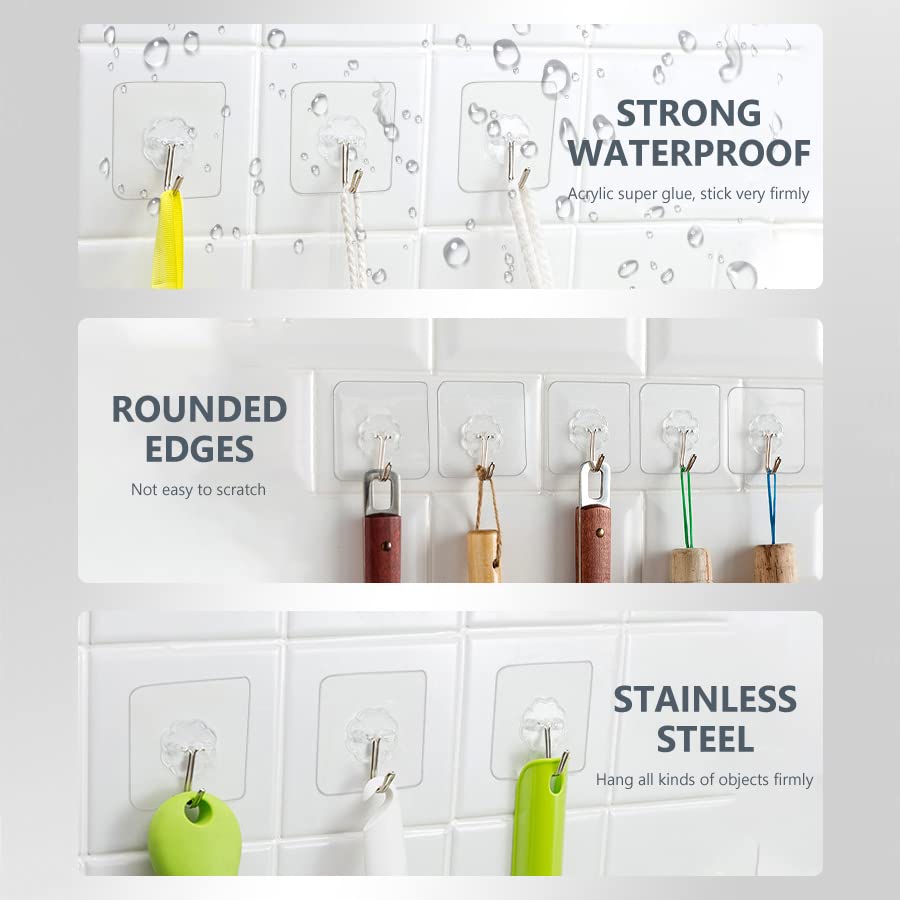 20 Pack Adhesive Hooks for Hanging Heavy Duty 22lbs Wall Hooks, Transparent Reusable Seamless Hooks, Waterproof and Rustproof Wall Hooks for Home Kitchen, Bathroom, Office