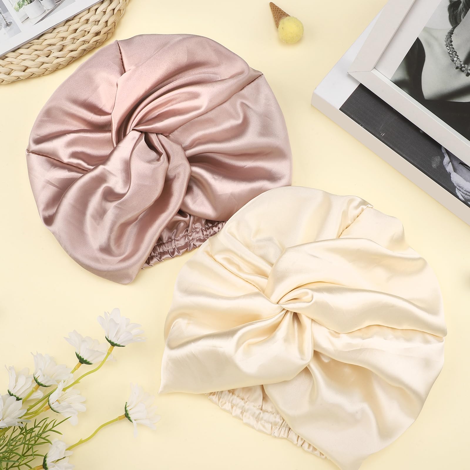 3 Pieces Silk Hair Wrap for Sleeping Women Bonnet Silk Sleeping Bonnet Elastic Hair Care Sleep Cap for Natural Curly Hair (Champagne, Black, Rose Gold)
