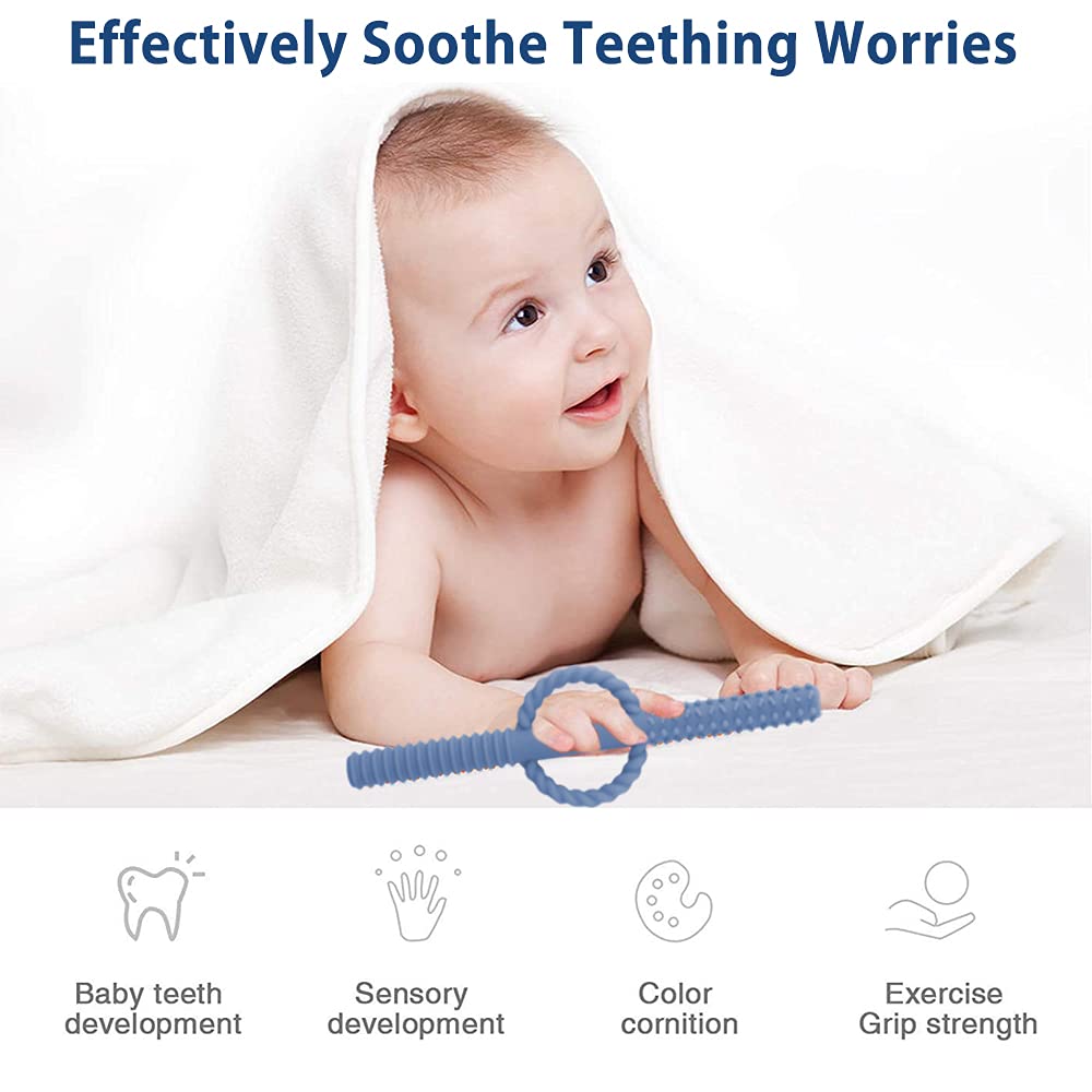 3 Pieces Teething Tubes Hollow Teether Toys with Safety Shield for Sensory Exploration and Teething Relief - Safe Chewing Tubes for Babies, Infants & Toddlers - Designed 3 Pcs-Blue&Khaki&Green