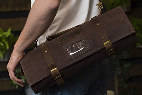 Asaya Waxed Canvas Knife Roll - 15 Knife Slots, Card Holder and Large Zippered Pocket - Genuine Leather, Cloth and Brass Buckles - for Chefs and Culinary Students - Knives Not Included