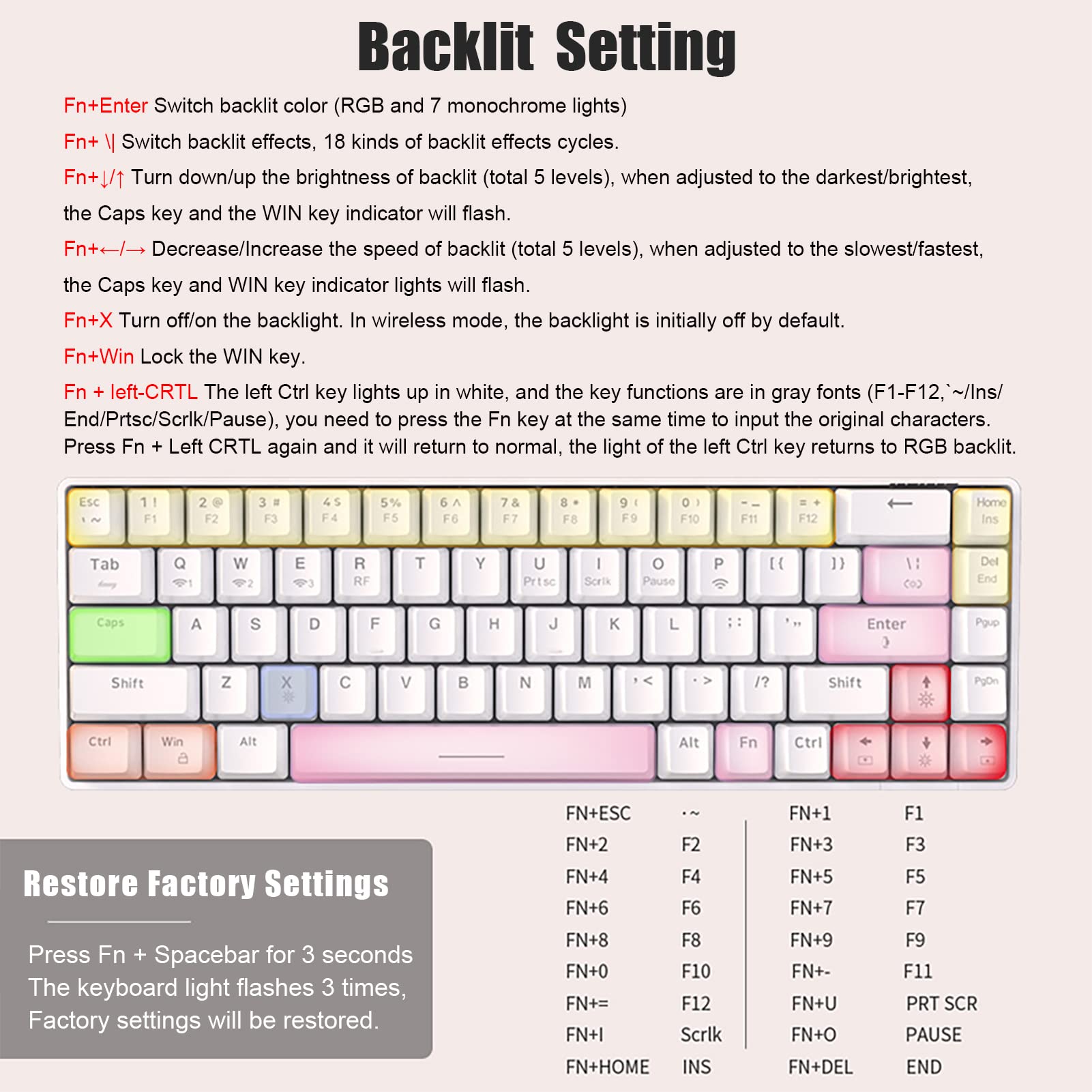 Ajazz K685T Wireless 60% Mechanical Keyboard, Bluetooth/2.4G/Wired Multi-Mode, RGB Backlight, N-Key Rollover 68 Keys, Hot Swap Switch, Compatible for Multi-Device Connection (White, Brown Switch)