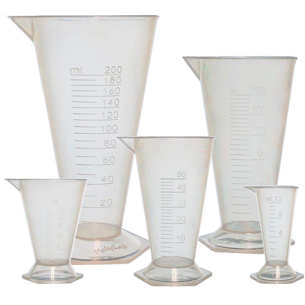 Conical Measuring Cup Set, 5 Sizes - 12, 25, 50, 125, and 200ml, Polypropylene, Hexagonal Base, Karter Scientific