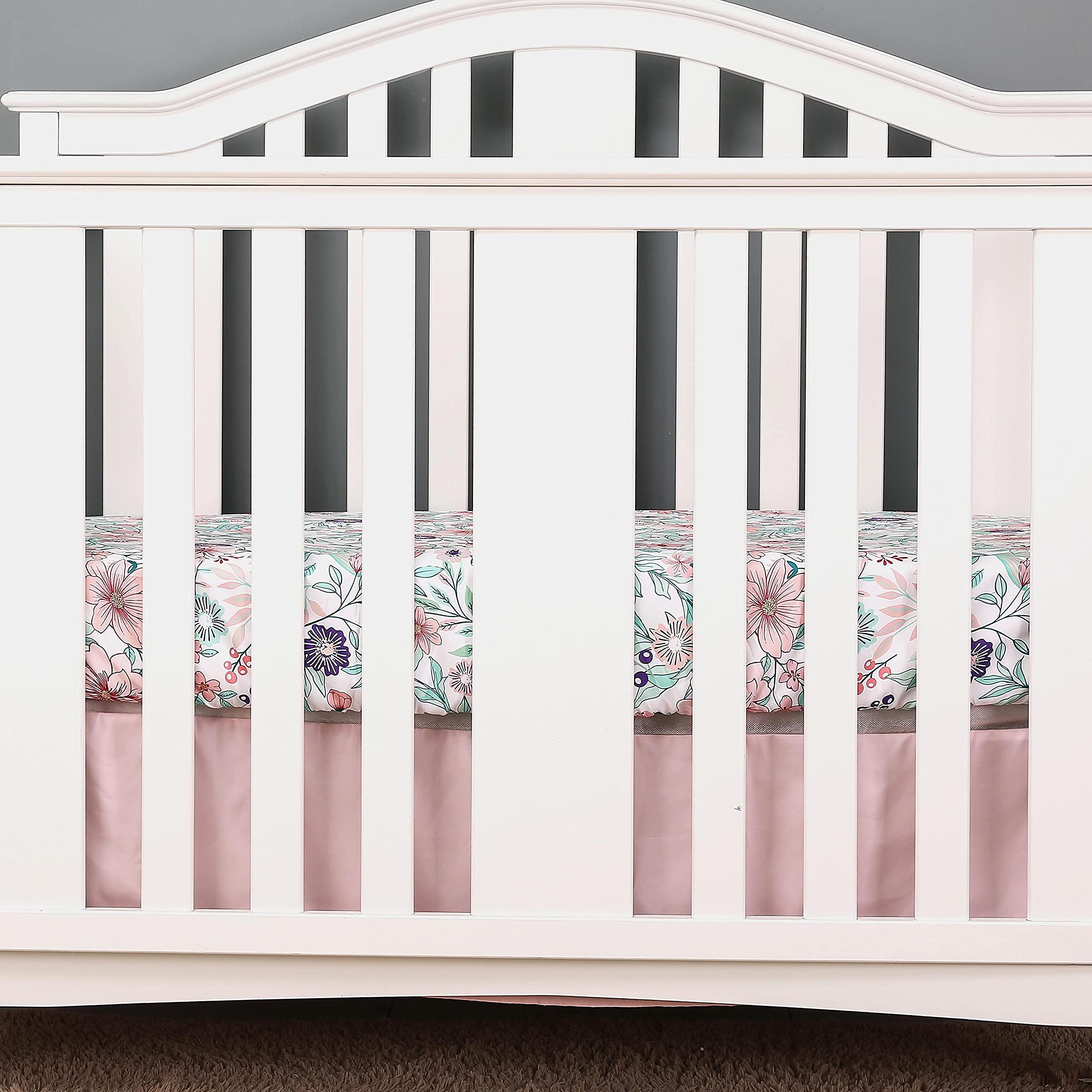 HUPO 4 PC Crib Bedding Set for Girls, Pink Nursery Crib Bedding Set GiraffeBlush Pink Flower, Crib Sets Including Crib Skirt, Crib Quilt, Crib Sheet and Diaper Stacker, Deer-pink