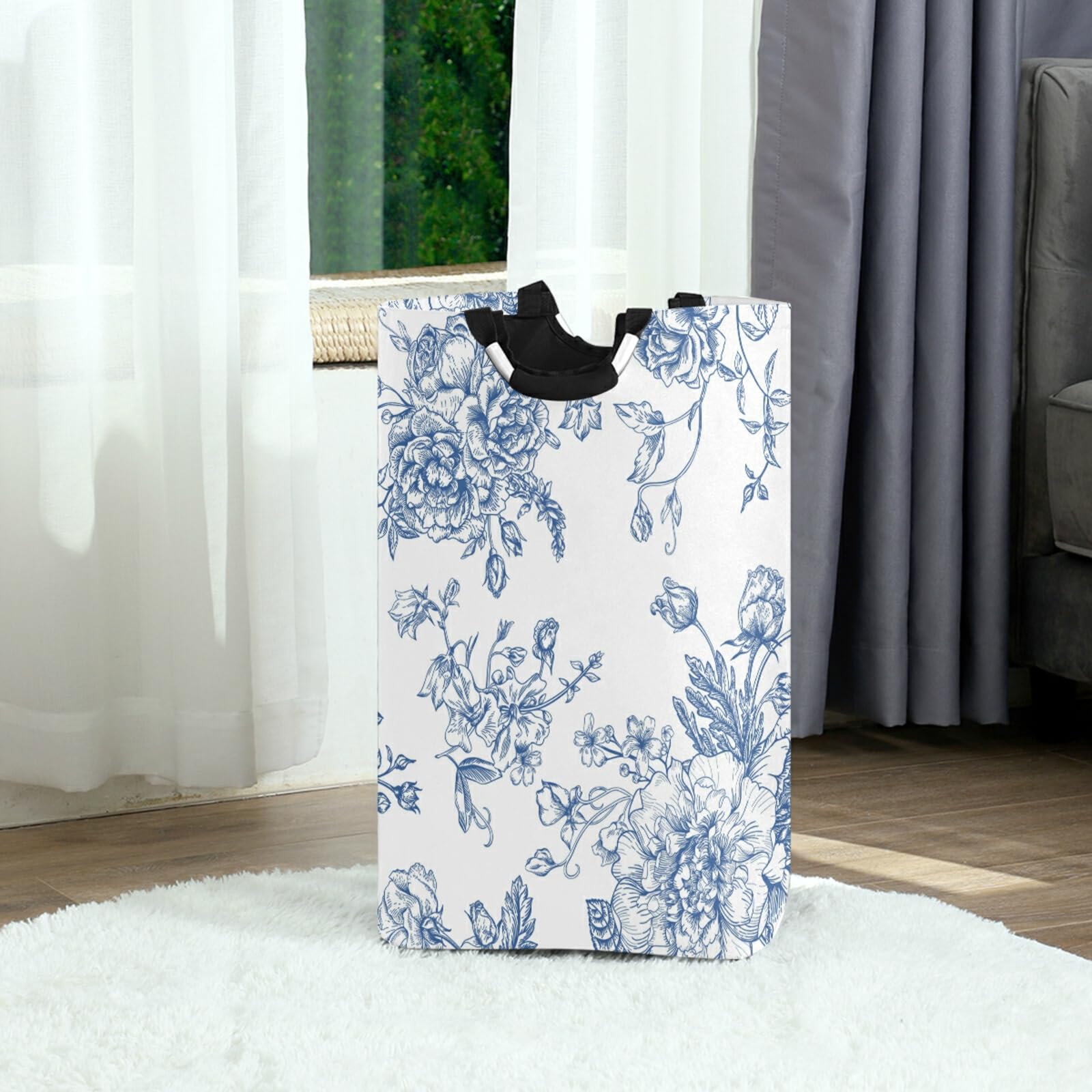 AGONA Blue Flowers Laundry Basket with Handles Large Storage Bin Collapsible Fabric Laundry Hamper Foldable Laundry Bag for Dirty Clothes Toy Bins Gift Baskets Bedroom Baby Nursery