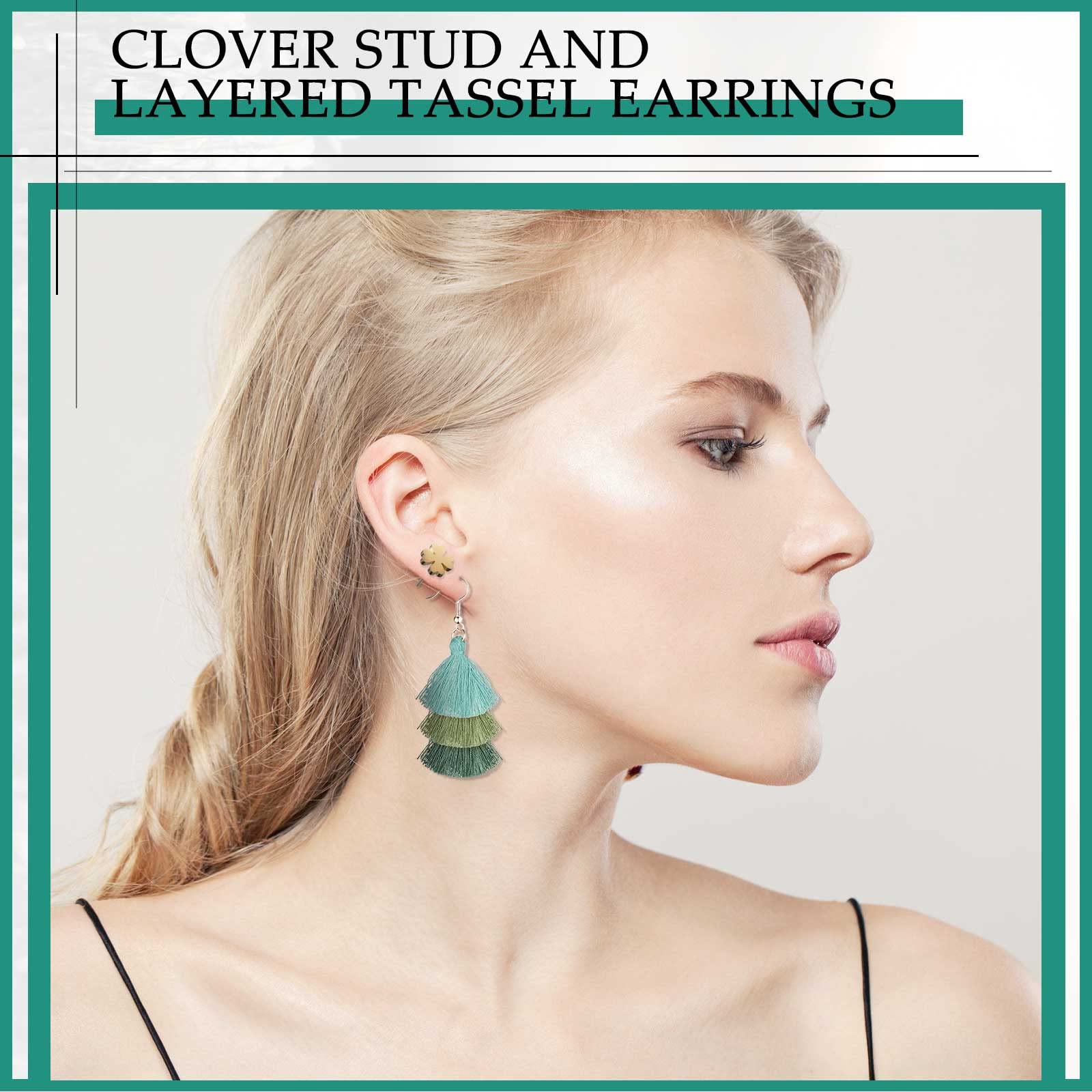 12 Pairs St. Patrick's Day Earrings Include 6 Pair St. Patrick's Day Layered Green Tassel Drop Earrings 6 Pair Irish Four Leaf Clover Shamrock Gold Stud Earring with Clear Earring Back for Women Girl
