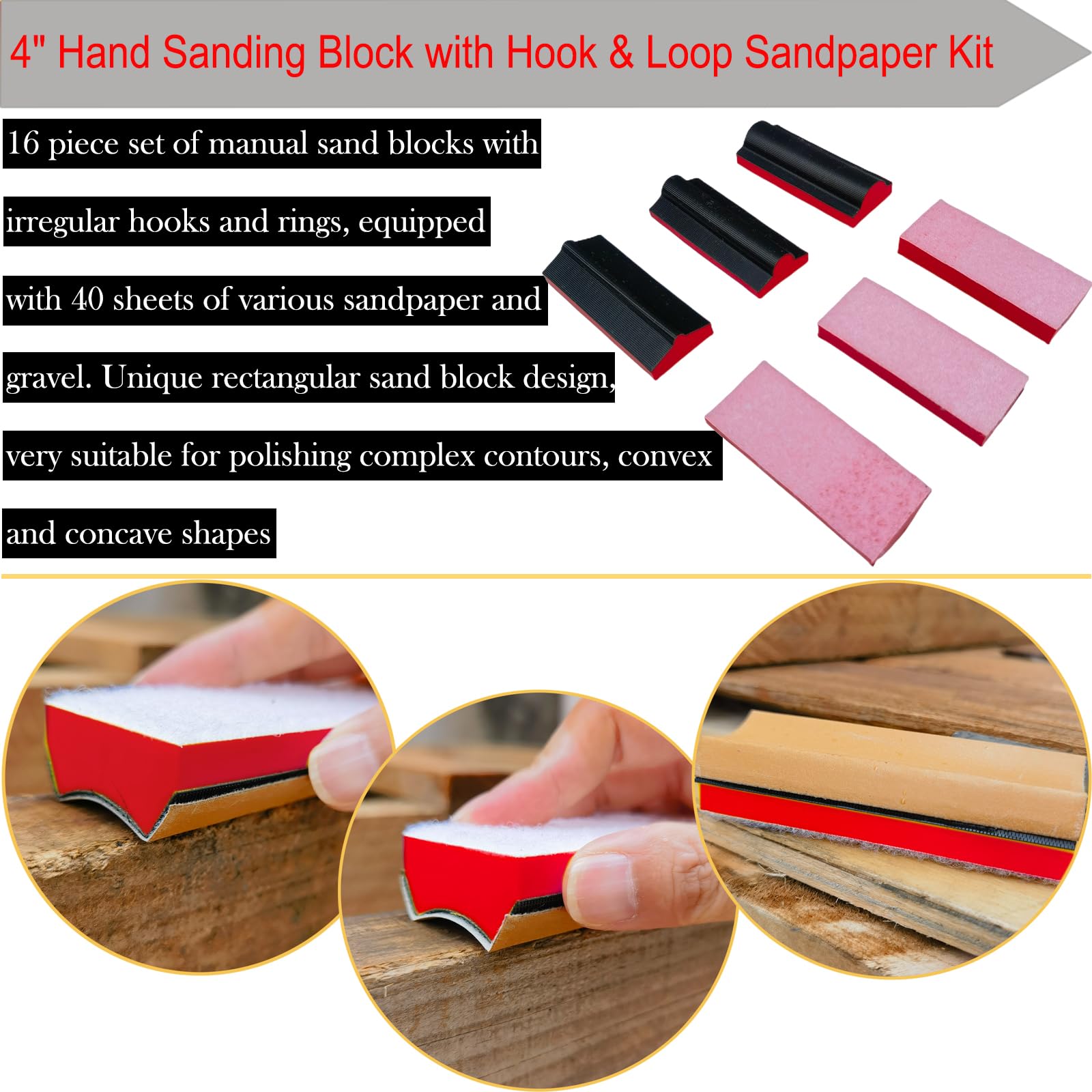 16-Piece Contoured Profile 4" Hand Sanding Block Set with 40 Sheet Hook & Loop Sandpaper Kit - Interchangeable Assorted Convex & Concave Shapes for Woodworking Furniture, Auto Paint and Crafts