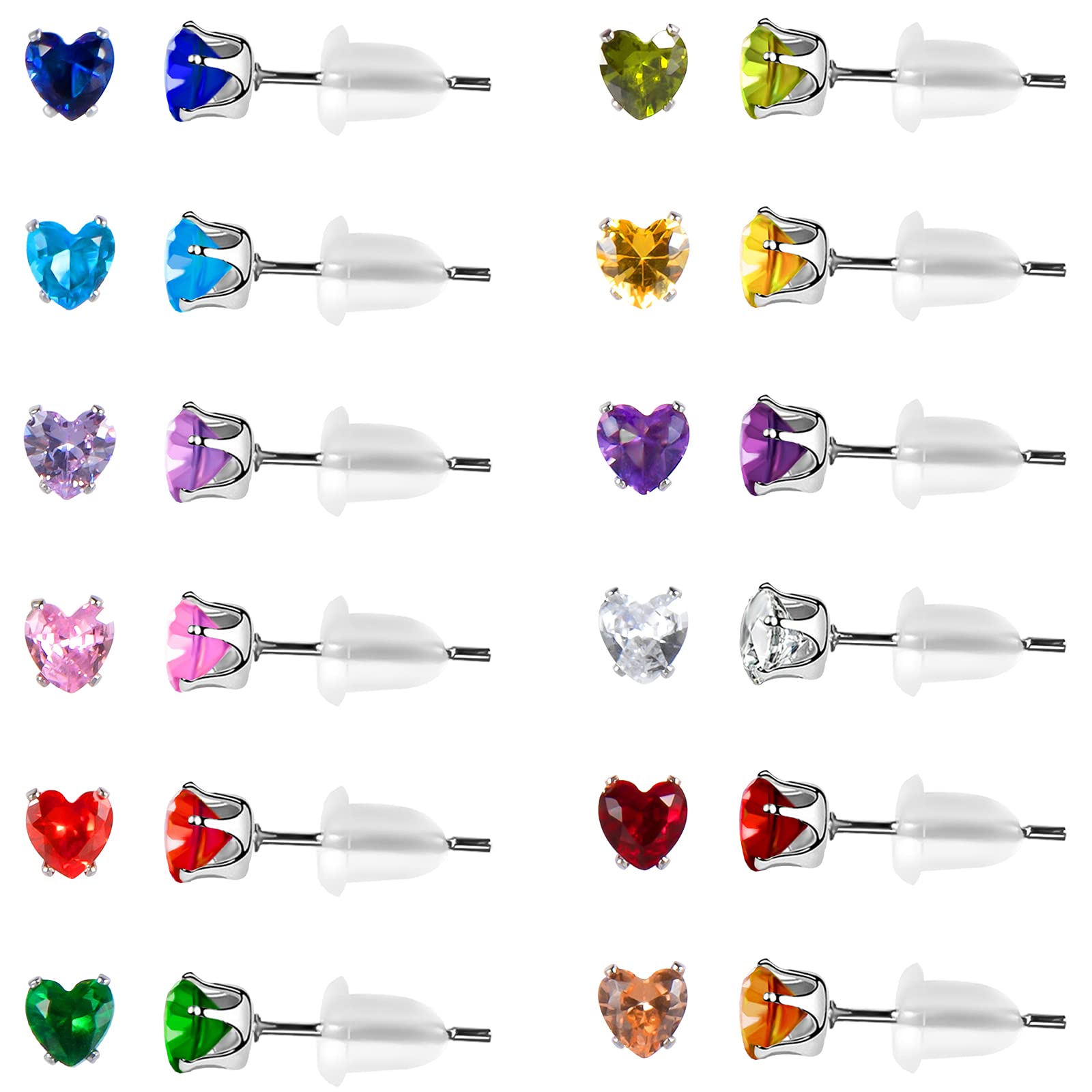 12 Pairs Stainless Steel Stud Earrings for Women, Heart Star Triangle CZ Stud Earrings, Cubic Zirconia Birthstone Stud Earrings Set (Heart CZ 4MM)