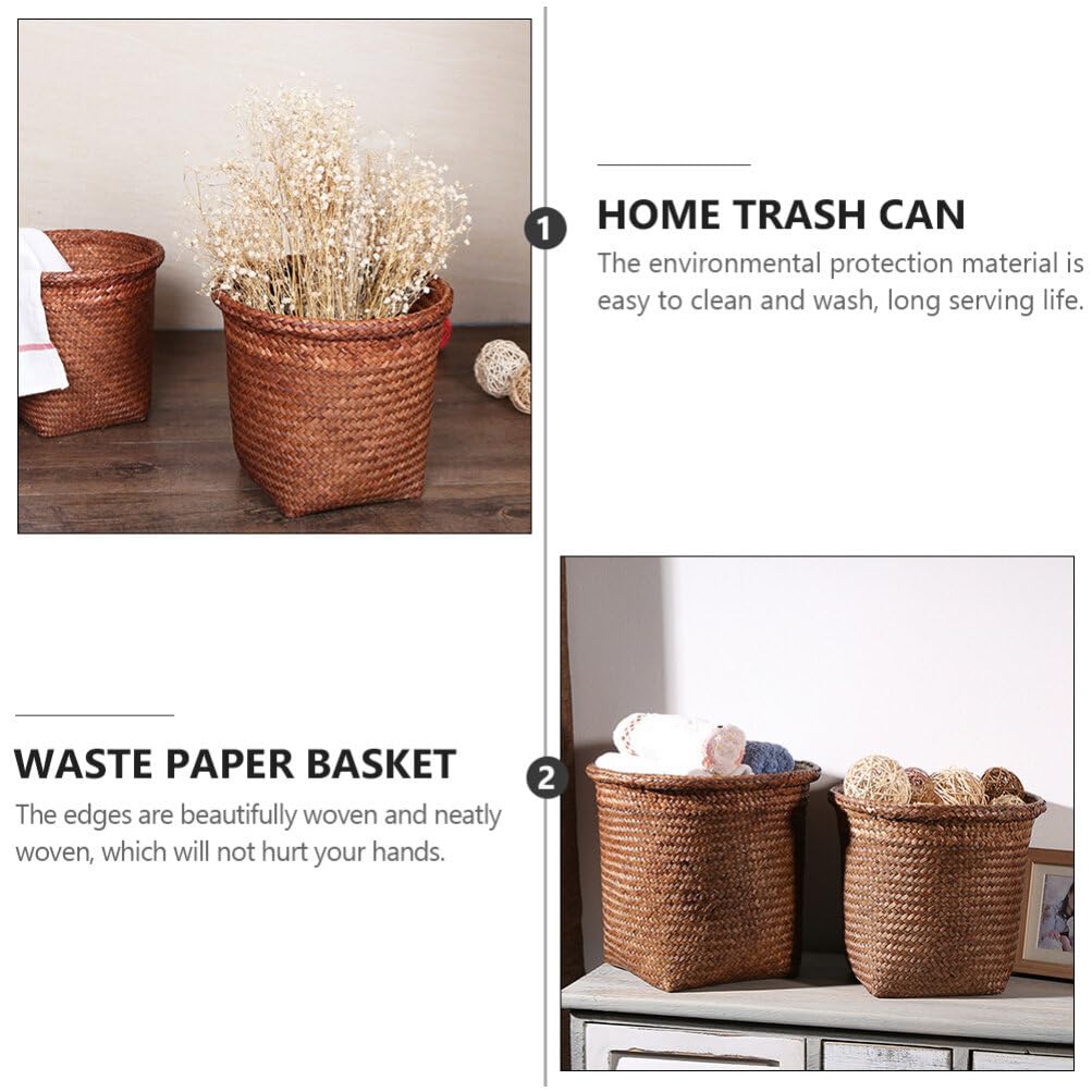 1Pc Straw Woven Wastebasket Retro Garbage Can Straw Rubbish Container Wicker Waste Basket(Small)