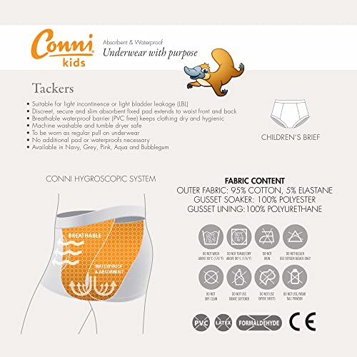 Conni Kids Tackers Brief Pants | Soft Shorts Reusable and Washable Toddler Potty Training Underwear | Waterproof Easy Pull Up Youth Incontinence, Bubble Gum, Size 10-12