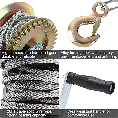ASelected 800lbs Capacity Heavy Duty Hand Winch, Crank Strap Gear Boat Winch with 26FT Steel Cable and Hook, Manual Lifting Winches for Boat Trailer ATV or Shop Crane, Small Hoist for Deer Feeder