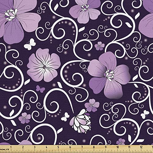 Ambesonne Floral Fabric by The Yard Butterfly Silhouettes with Curlicue Flower Patterned Spring Design Swirls Decorative Fabric for Sofa Ottoman Curtain Chair Cover Sewing & Hobby 1 Yard Purple White