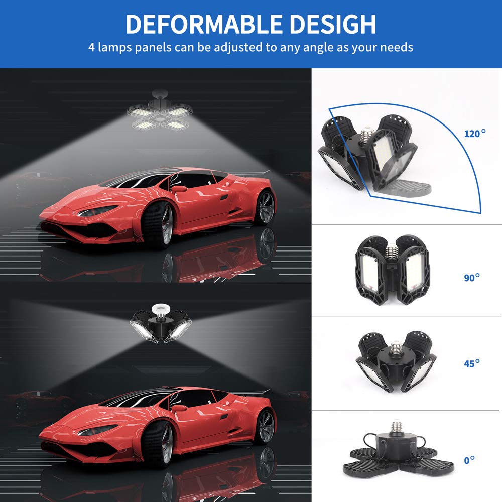 120W Garage Lights,Super Bright 12000LM LED Workshop Garage Lighting White 6500K with 4 Deformable Panels,E26/E27 Garage Ceiling Lighting for Garage,Warehouse (Standard Socket as a Gift)