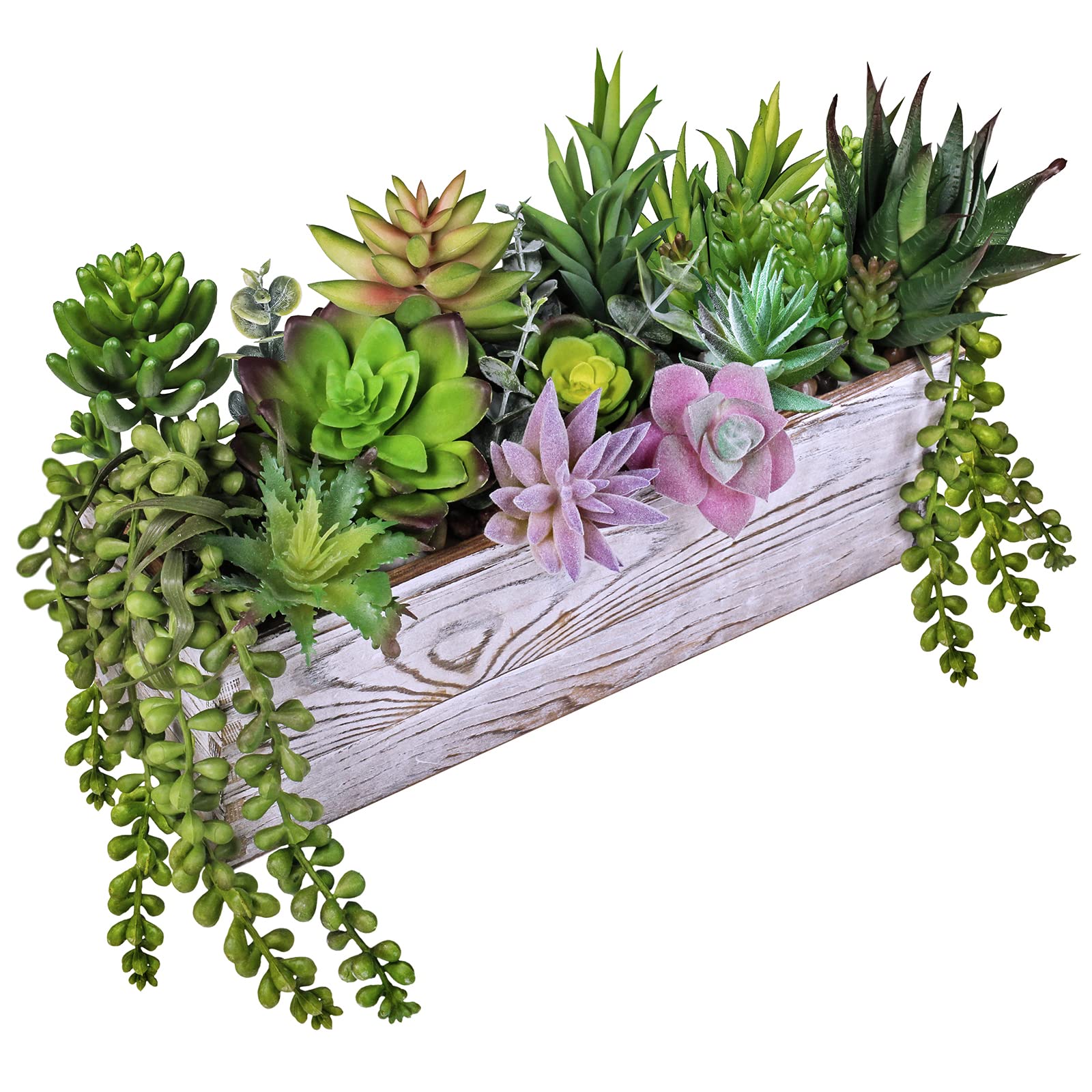 19 Pcs Assorted Artificial Succulents Fake Plants in Rectangular Wooden Pot Succulents Garden in Wood Planter Box Potted Succulents Plants Arrangement for Table Centerpiece Windowsill Greenery Decor