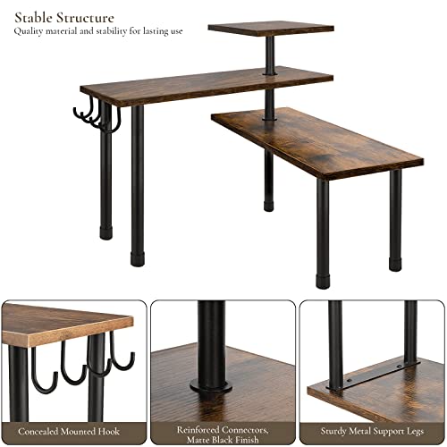 BCOZLUX Kitchen Countertop Organizer, 3 Tier Corner Counter Shelf with Metal Hooks, Bathroom Counter Organizers and Storage, Tiered Wood Spice Rack, Rustic Brown and Black