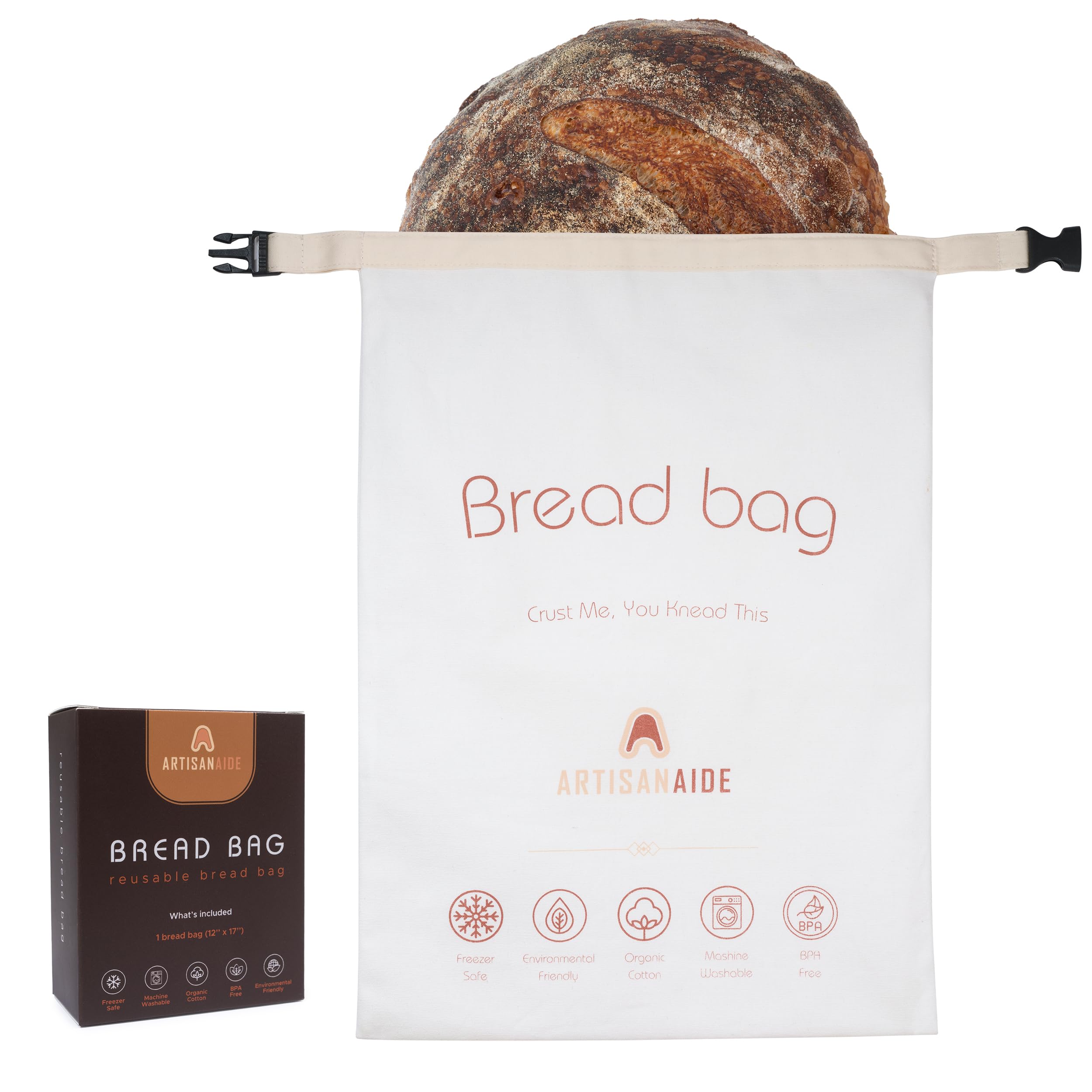 12x17 Bread Bag, Bread Storage for Homemade Sourdough, Reusable Bread Bags for Homemade Bread, Buckle Closure, Machine Washable, Freezer Safe, BPA Free, Gifts for Sourdough Bakers