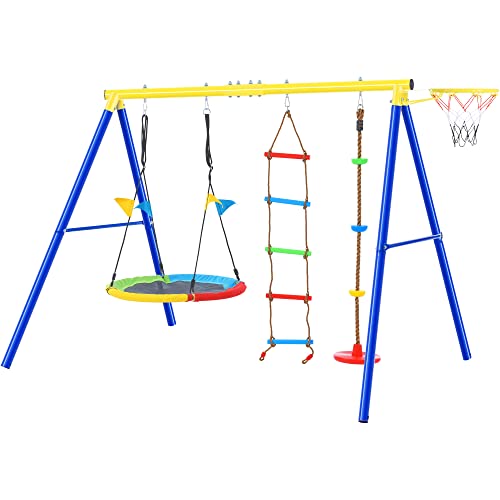 4 in 1 Outdoor Toddler Saucer Swing Set for Backyard, Playground Tree Swing Sets with Steel Frames, Climbing Rope with Disc Tree Swing Playset and Basketball Hoop for Kids