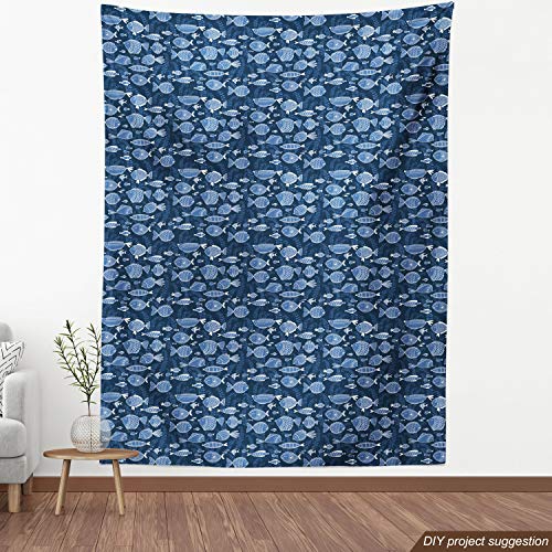 Ambesonne Ocean Fabric by The Yard, Sealife Marine Navy Image Tropic Fish Moss Leaves Art Print, Decorative Fabric for Upholstery and Home Accents, 1 Yard, Blue Indigo