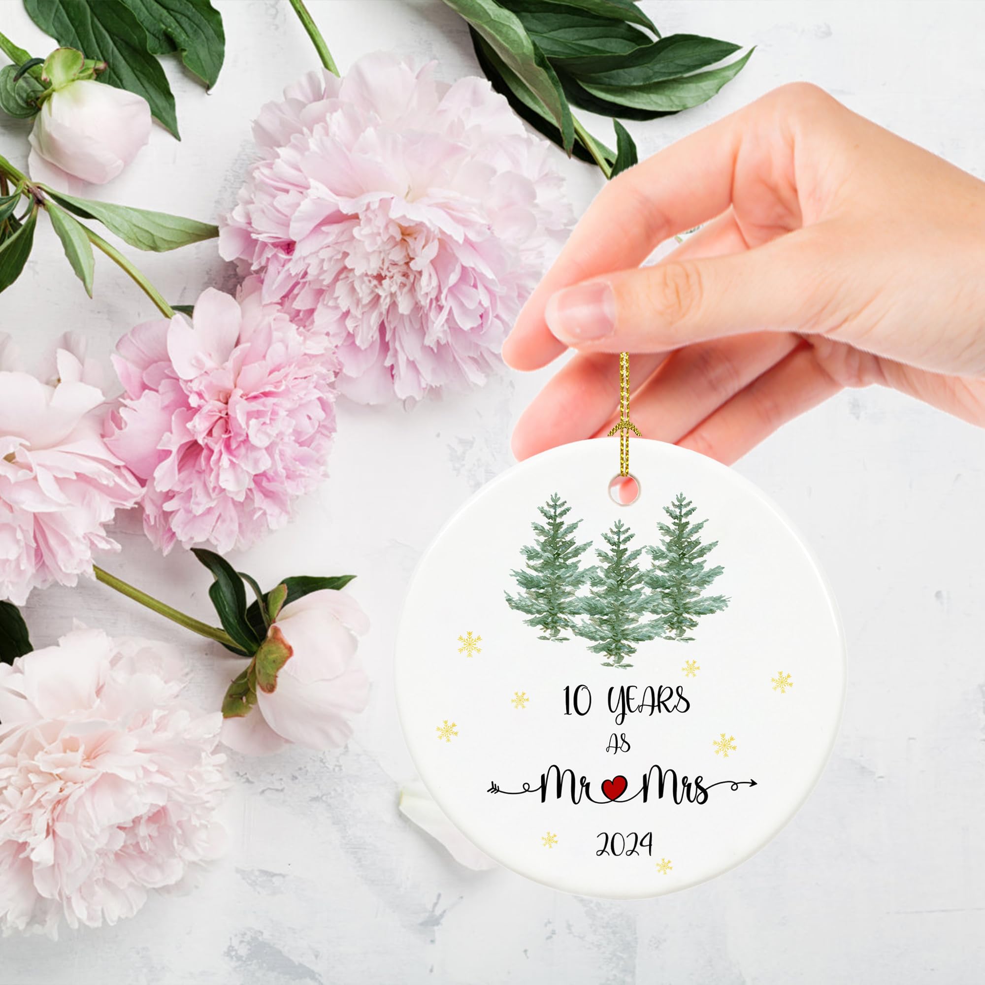10th Tin Anniversary 2024, 10 Year Anniversary Mr and Mrs Gifts for Couple, 10th Wedding Anniversary for Husband Wife, 2.9" Ceramic 10th Anniversary Keepsake Christmas Decoration