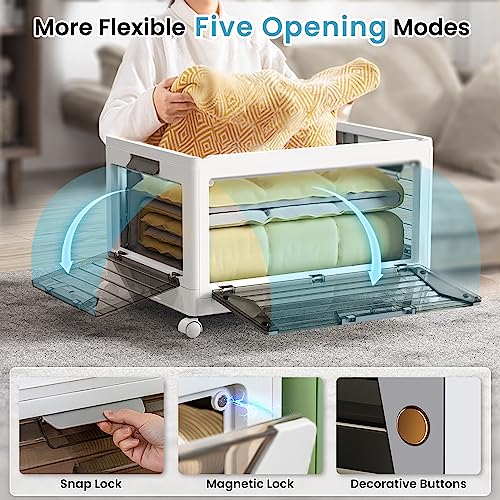 14 Gal Large Stackable Storage Bin with Lid, Plastic Clear Collapsible Storage Bins with Wheels, Foldable Closet Organizers and Storage Bins, Containers for Dorm Room Essentials, Pantry 6 PACK