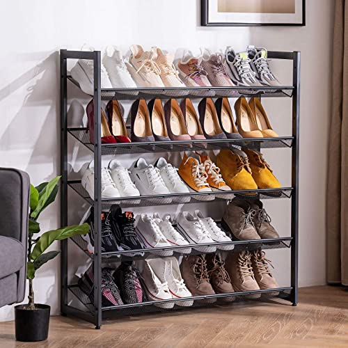 Apicizon 5-Tier Metal Shoe Rack for up to 25 Pairs Shoe Organizer with Angle from Slant to Flat, Stackable Shoe Storage Shelves with Stable Iron Structure for Entryway Closet, Grey