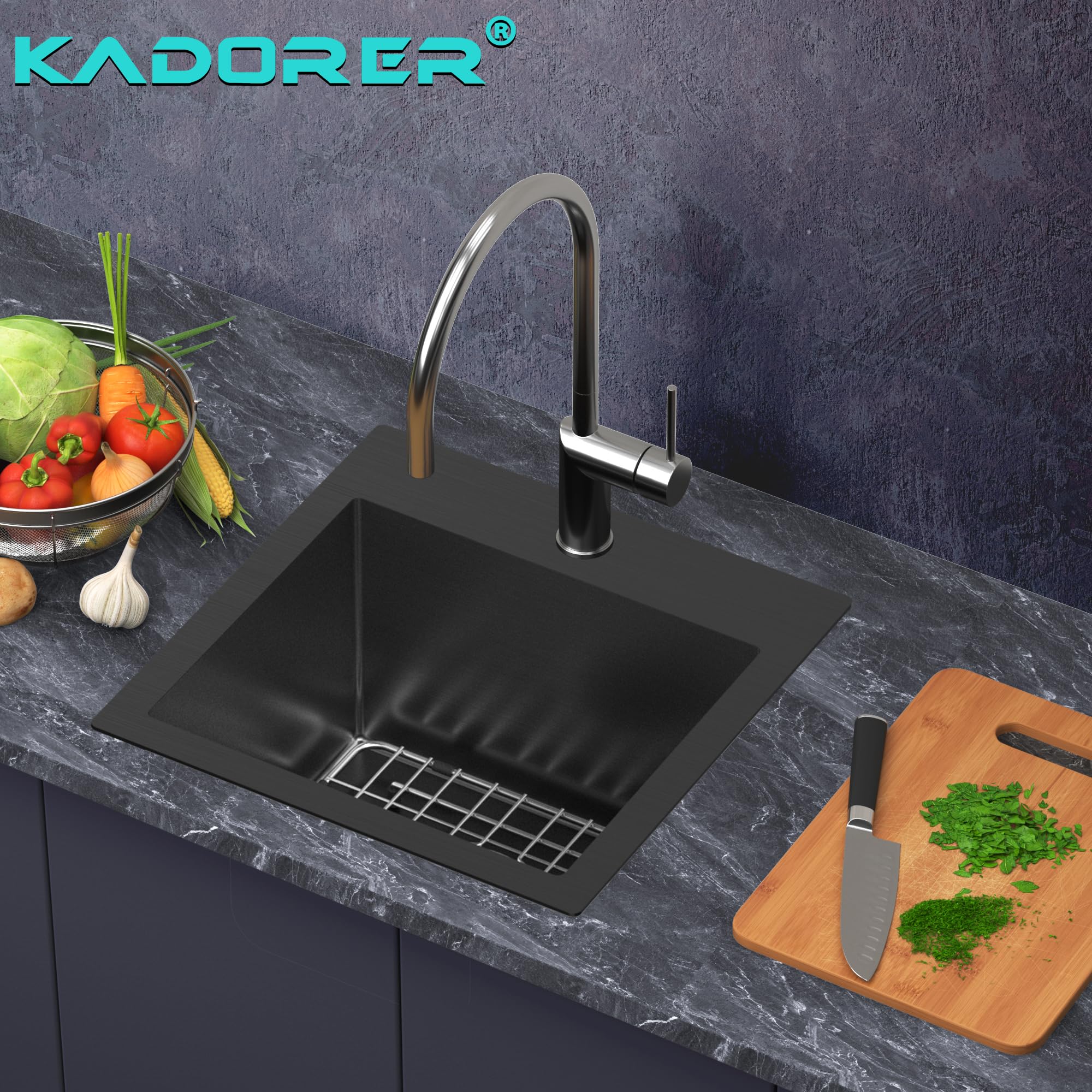 15 x 15 Inch Black Drop In Kitchen Bar Sink, Small Kitchen Sink Single Bowl Topmount Bar Prep Sink 18 Gauge Stainless Steel Bar Sink with Grid and Basket Strainer