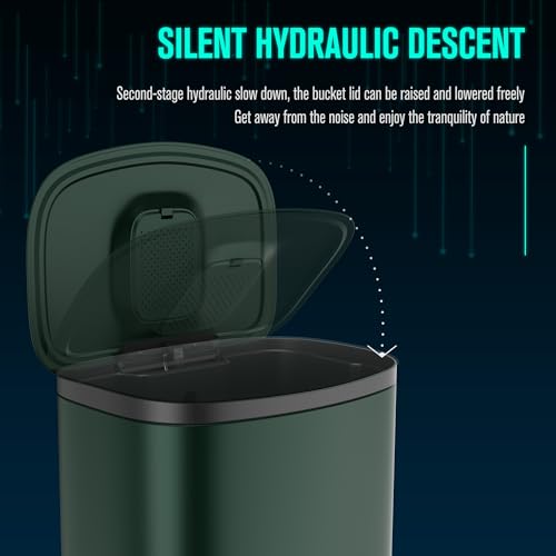 13 Gallon Stainless Steel Foot Pedal Large Trash Can with Soft Close Quiet Curved Surface Top Lid and Deodorant Storage Space, with 30 Garbage Bags for Kitchen/Home/Office Trash can and More - Green
