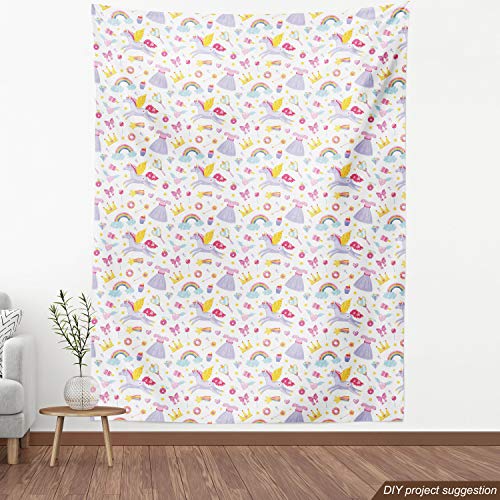 Ambesonne Rainbow Fabric by The Yard, Repetitive Unicorn Pegasus with Funny Cartoon Items, Decorative Fabric for Upholstery and Home Accents, 1 Yard, Lilac Yellow