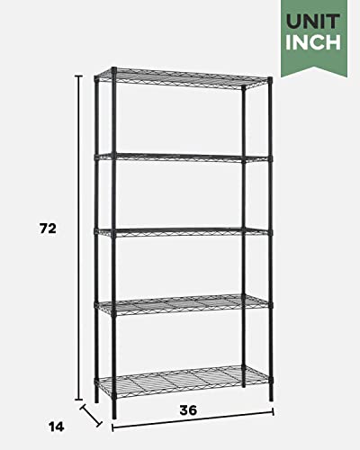 FDW 14" D x 36" W x 72" H 5-Shelf Wire Shelving Adjustable Metal Shelf Large Storage Shelves Heavy Duty Height Commercial Grade Steel Layer Shelf 1250 LBS Capacity,Black