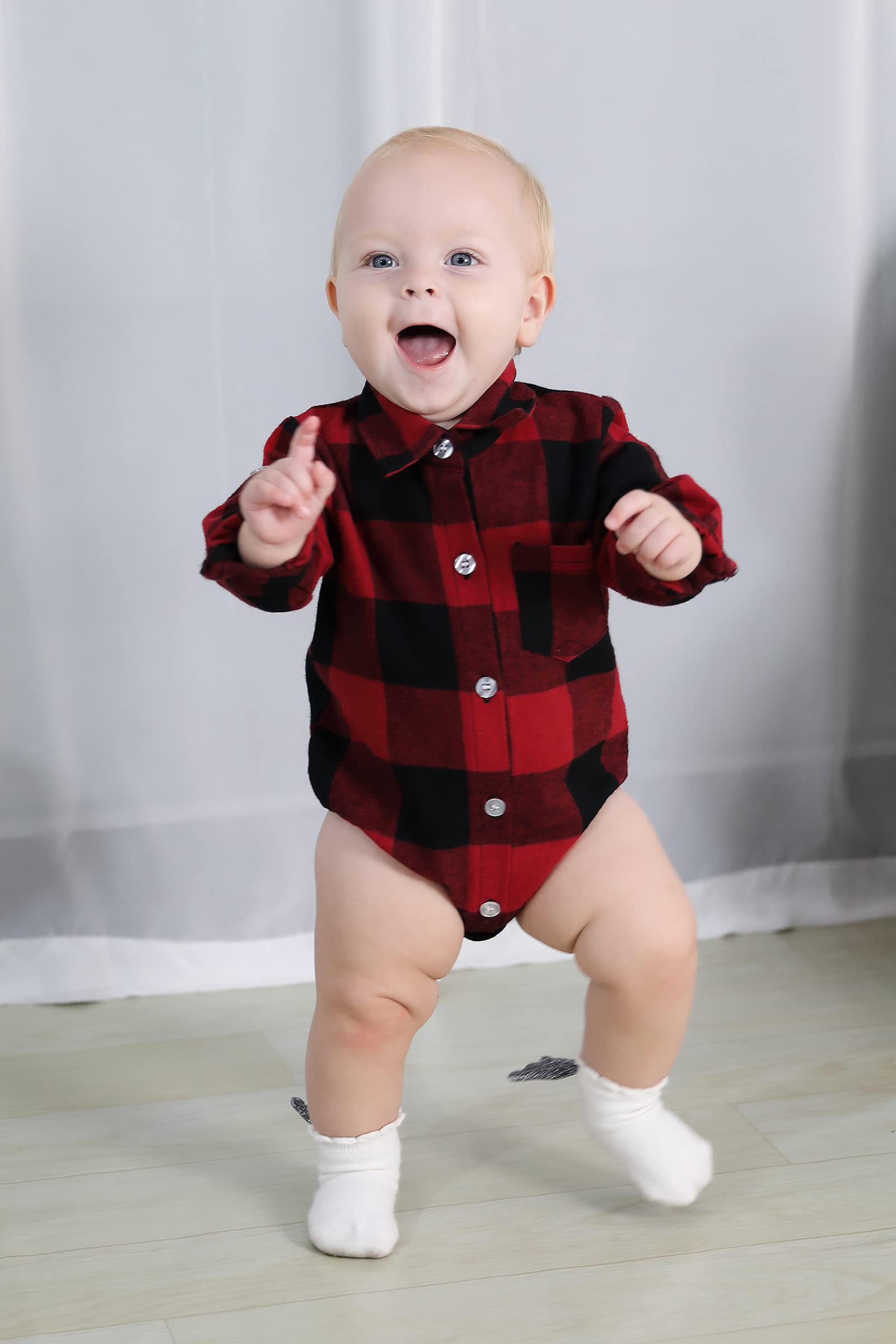 HAPPYMA Newborn Baby Boy Girls Plaid Outfit Flannel Romper Tops Infant Long Sleeve Button Down Plaid Casual Bodysuit Clothes