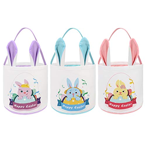 Asbtos 3 Pack Easter Basket, Bunny Baskets for Kids with Cute Rabbit Ears Stripe Storage Gifts Candies, Blue, Pink, Purple(9 x 9 x 14 inches)