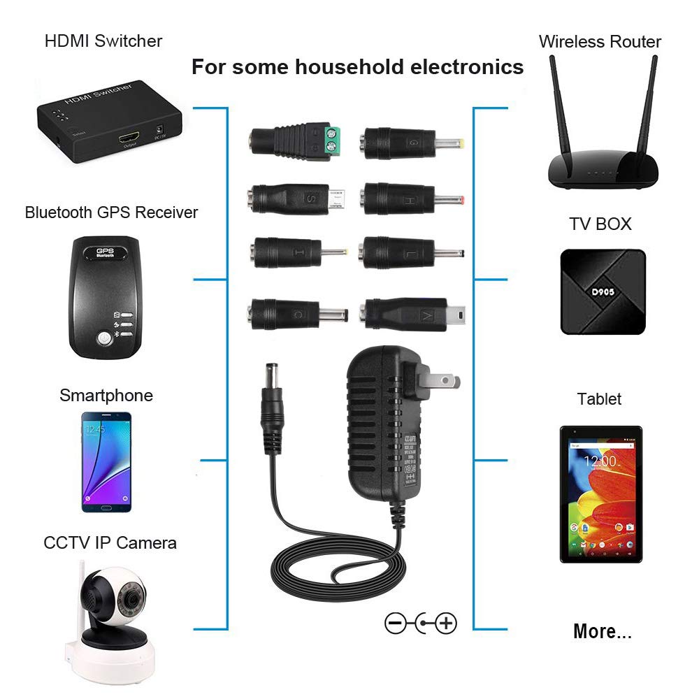 Universal AC DC 5V 1A 2A/2000mA Power Supply Cord Adapter Charger with 8 Variable Plug Tips (Include 5.5mm / 3.5mm / Mini USB/Micro USB / 4.7mm Switching Connector)