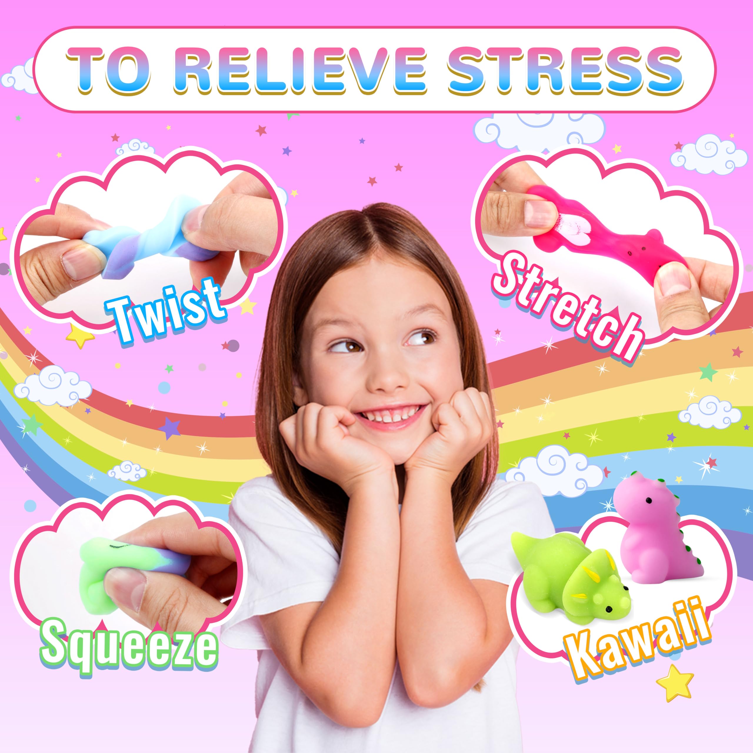 150 Pack Mochi Squishy Toys Kawaii Squishies Stress Relief Toys Pack for Kids Boys Girs Party Favors Bulk Easter Egg Fillers Easter Hunt Basket Pinata Stuffers