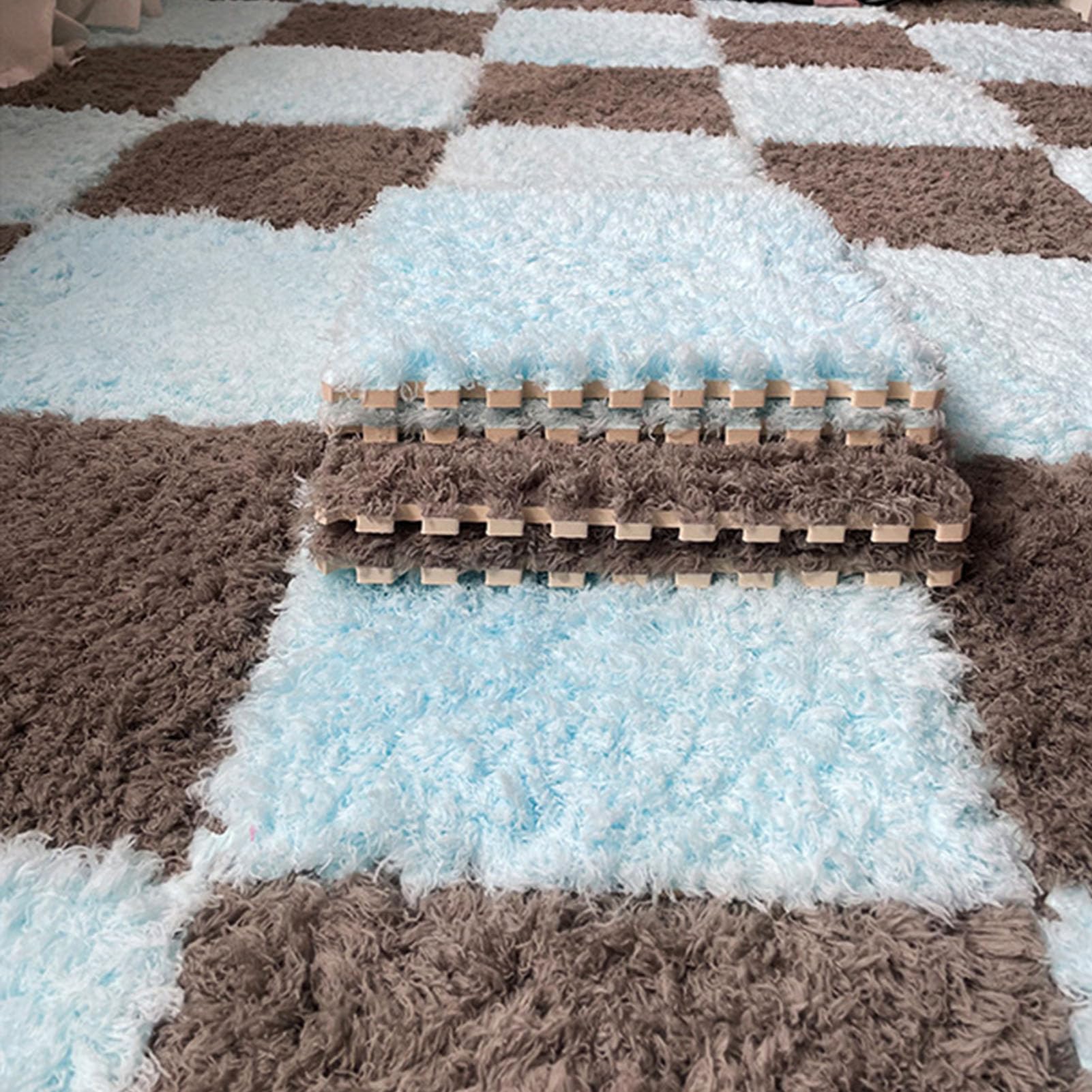 12 Pcs -12 Sq.ft. Non-Slip Shaggy Interlocking Foam Tiles,Plush Puzzle Floor Mat,Area Rugs,Carpet Square,Wear-Resistant Playmat,12x12 Inch(Color:Blue)