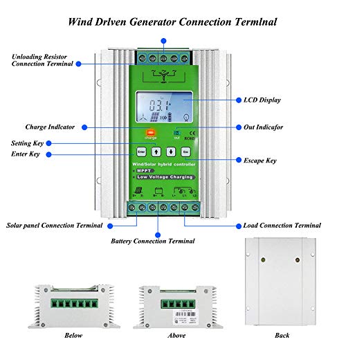 1000W Wind Solar Hybrid Charge Controller ,Off Grid MPPT Wind Turbine Solar Charge Controller Hybrid Controller 600W Wind and 400W Solar Panel 12V/24V Auto Distinguish