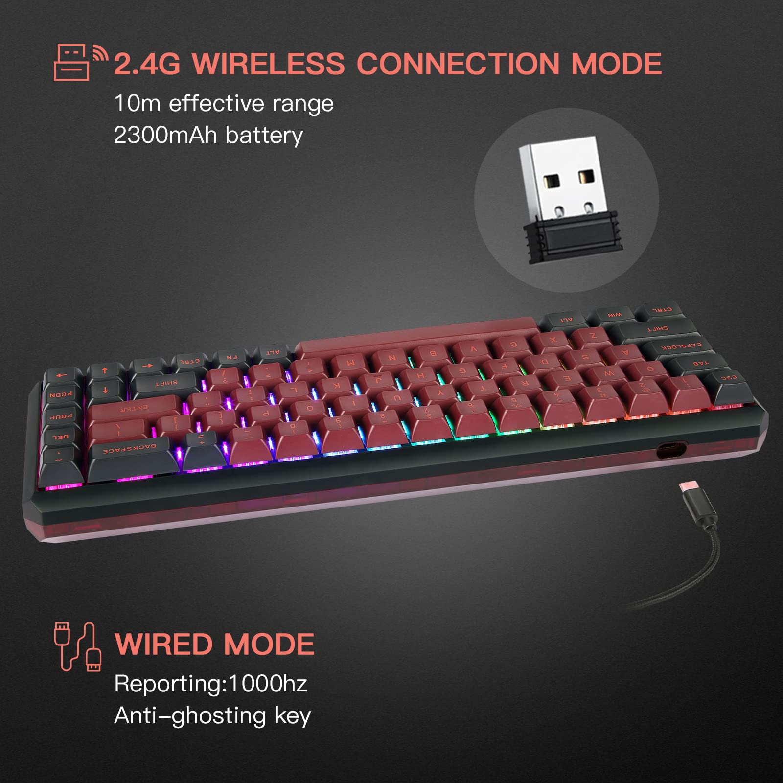 Darmoshark 2.4GHz Wireless/Wired Mechanical Keyboard — 65% (68 Key) Gaming Keyboard, Hot-Swap Switches, Programmable Macros, RGB LED Backlit, Type-C, PBT Spherical Keycap(Gateron Brown, Cherry Red)