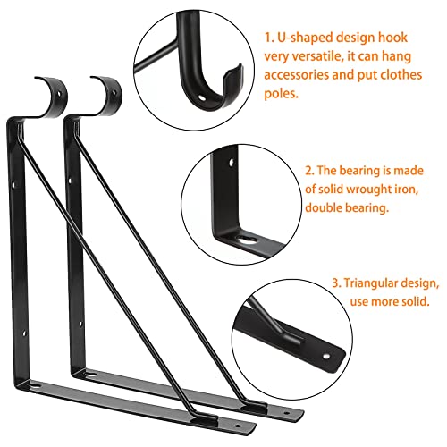 4 Pack Closet Shelf & Rod Brackets, Heavy Duty Closet Shelf Bracket with Rod Support, 11”x11”, 1-3/8” Dia Black Wall Mount Clothes Hanger Closet Pole Support Bracket for Shelf Storage and Closet Rod